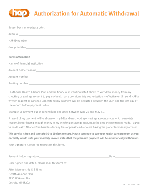 Fillable Online Authorization for Automatic Withdrawal Fax Email Print - pdfFiller