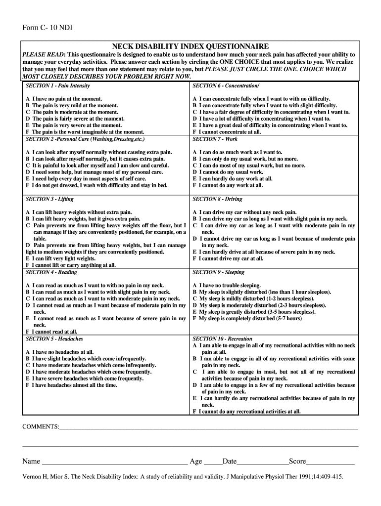 Fillable Online Form C- 10 NDI NECK DISABILITY INDEX QUESTIONNAIRE Fax ...