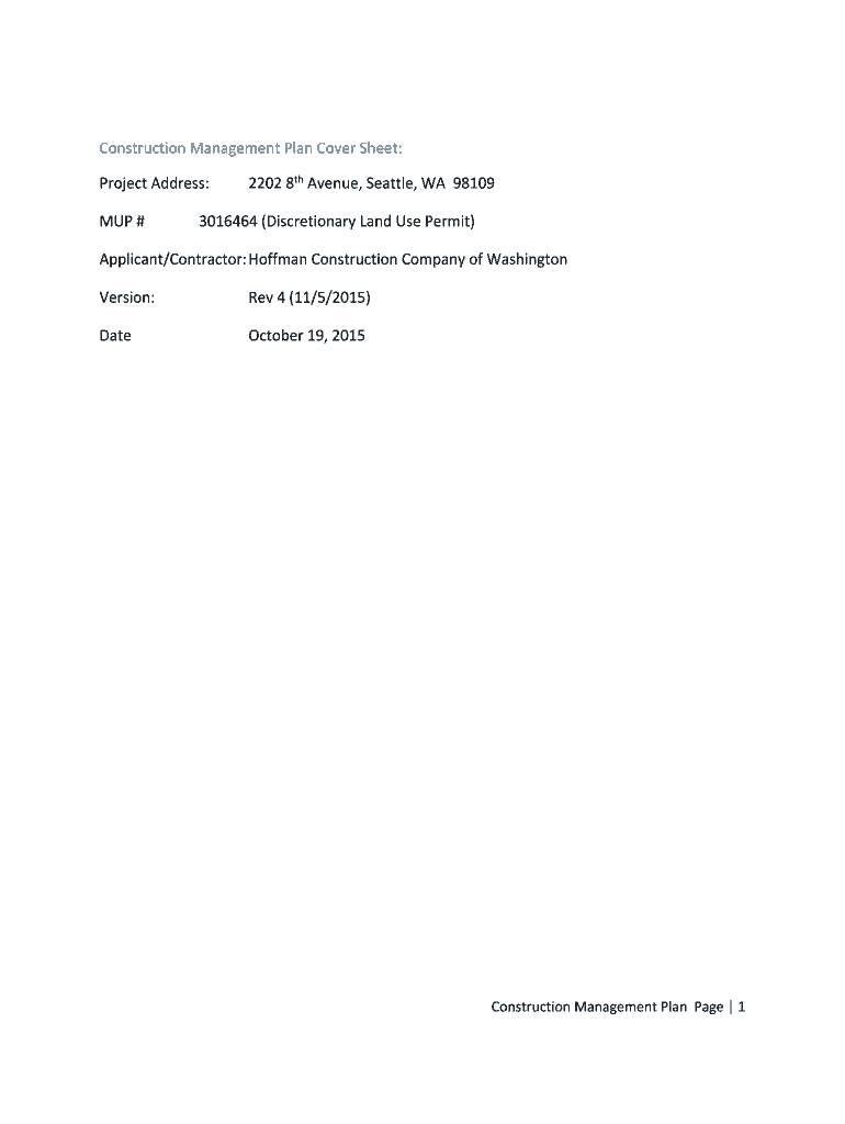 Fillable Online Construction Management Plan Cover Sheet: Fax Email ...