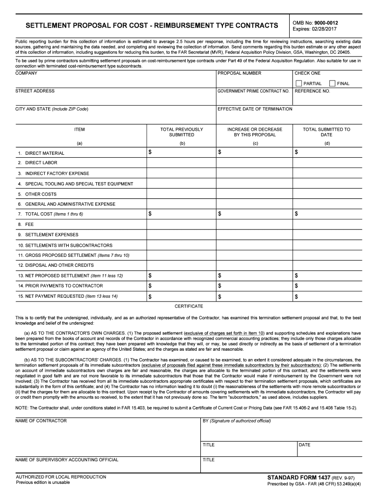 Fillable Online SETTLEMENT PROPOSAL FOR COST - REIMBURSEMENT TYPE ...