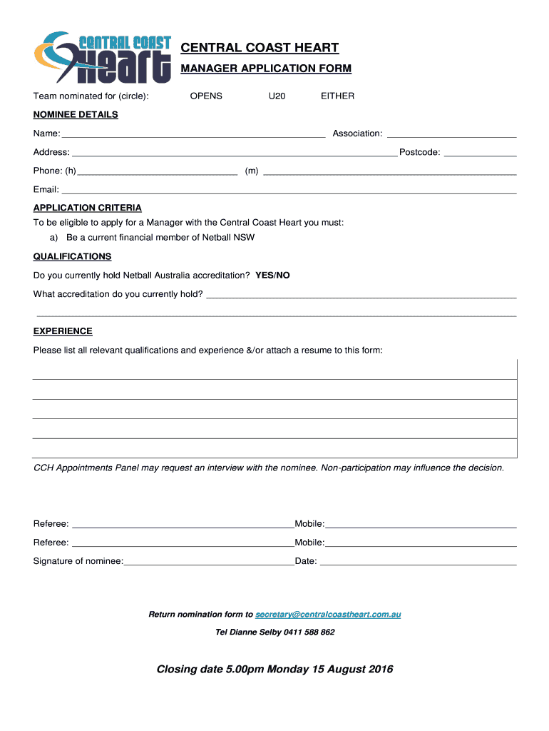Fillable Online MANAGER APPLICATION FORM Fax Email Print - pdfFiller