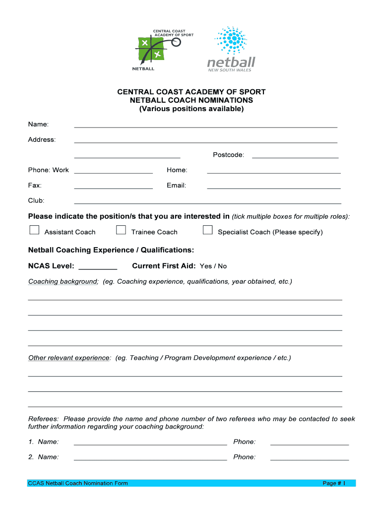 Fillable Online NETBALL COACH NOMINATIONS Fax Email Print - pdfFiller