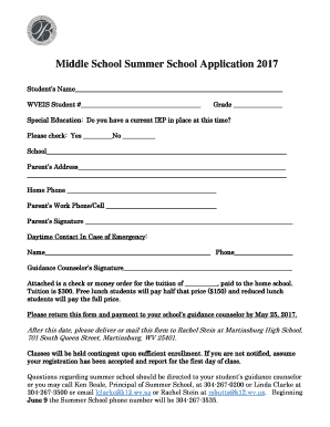 Fillable Online Middle School Summer School Application 2017 Fax Email ...