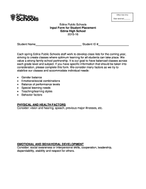 Fillable Online edinaschools schoolwires Input Form for Student ...