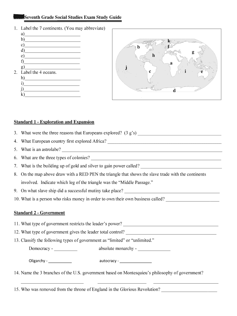 Fillable Online 2013 Seventh Grade Social Studies Exam Study Guide Fax ...