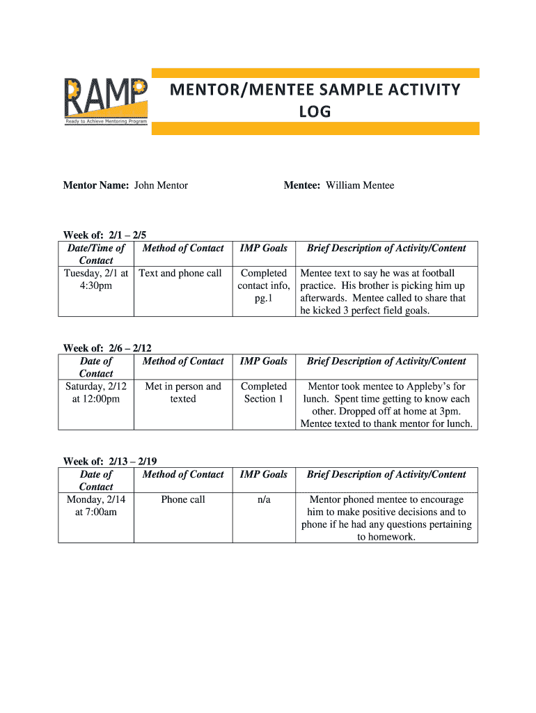 Fillable Online mentor/mentee sample activity log - Humanim Fax Email ...