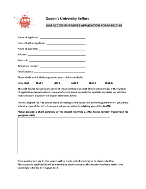 Fillable Online JAM ACCESS BURSARIES APPLICATION FORM 2017-18 Fax Email ...