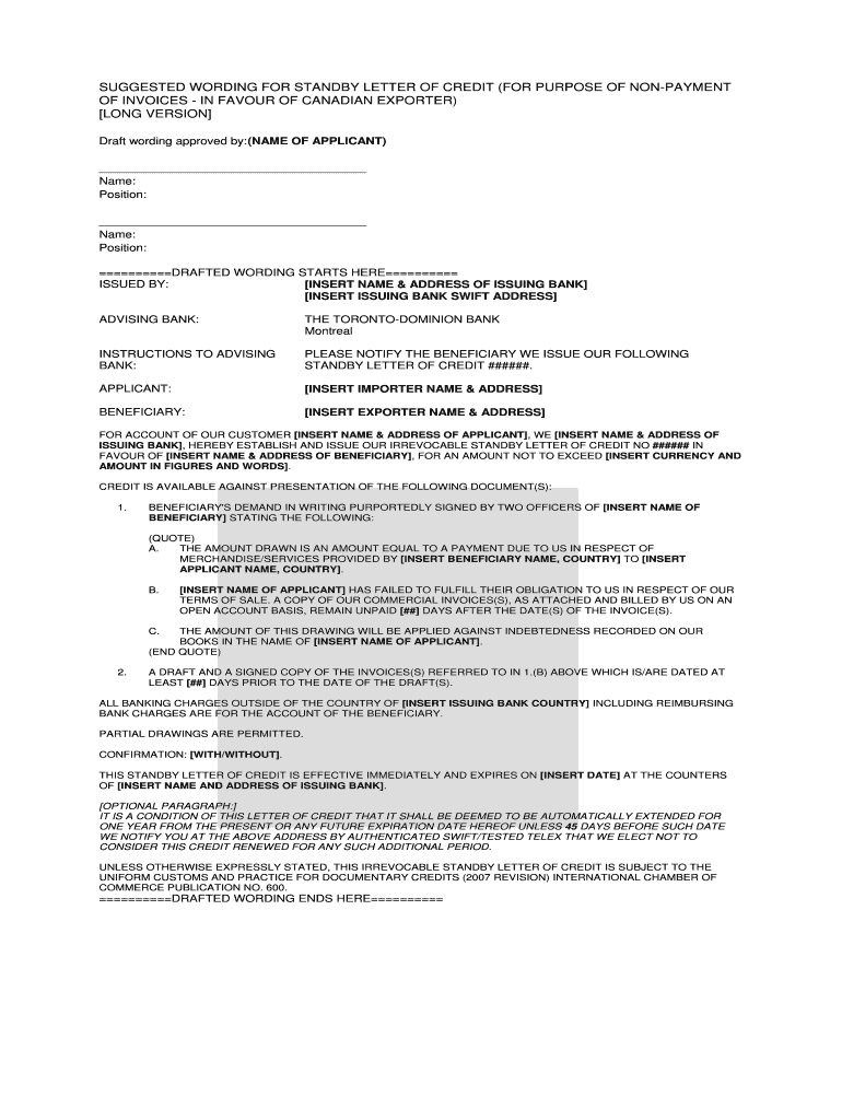 Fillable Online SUGGESTED WORDING FOR STANDBY LETTER OF CREDIT (FOR ...