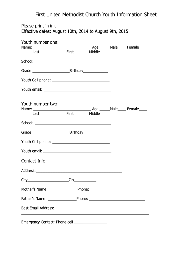 Fillable Online First United Methodist Church Youth Information Sheet ...