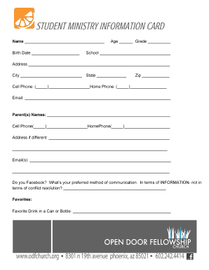 Fillable Online STUDENT MINISTRY INFORMATION CARD Fax Email Print ...