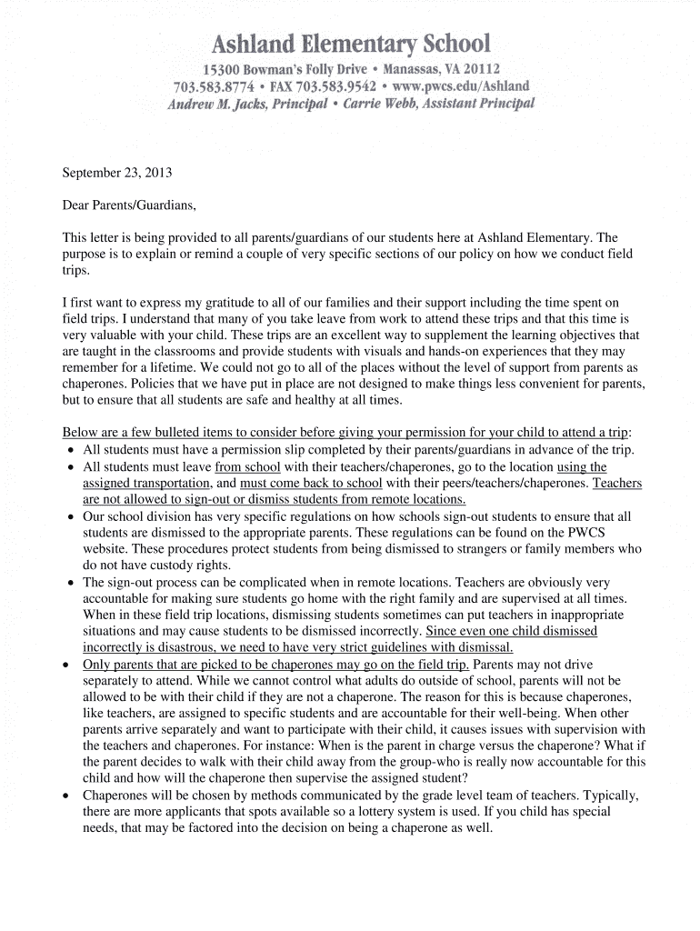 Fillable Online Field Trip Expectations Letter to Parents, Page 1 of 2 ...