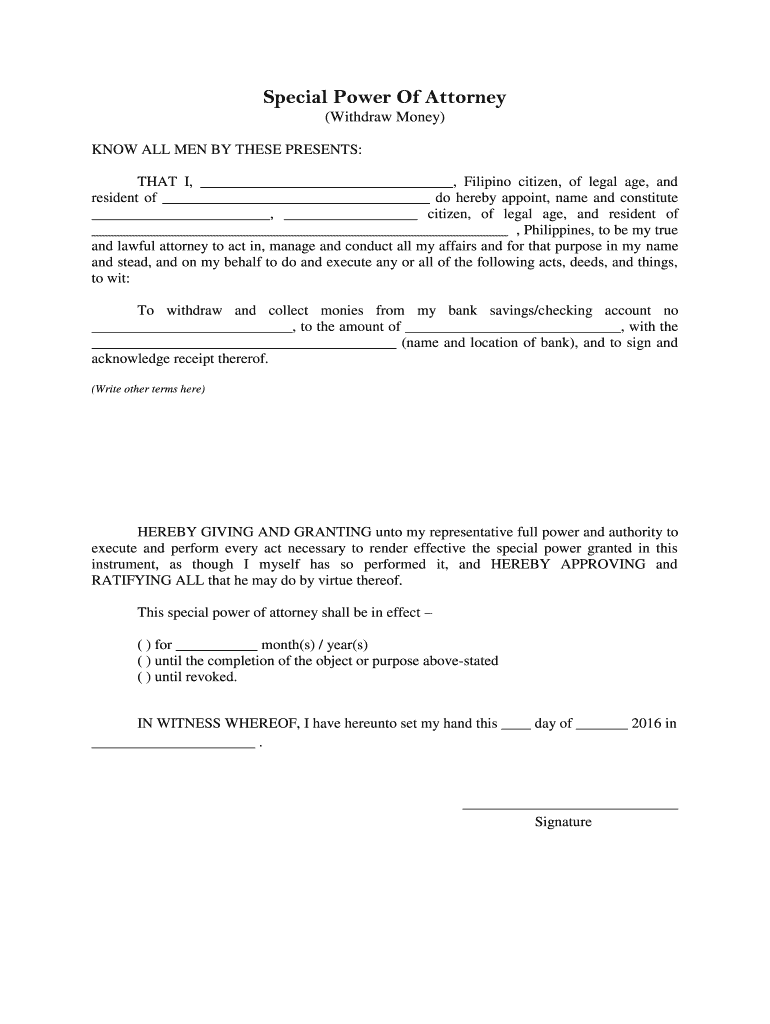 PH Special Power of Attorney (Withdraw Money) 2016-2021 - Fill and Sign ...
