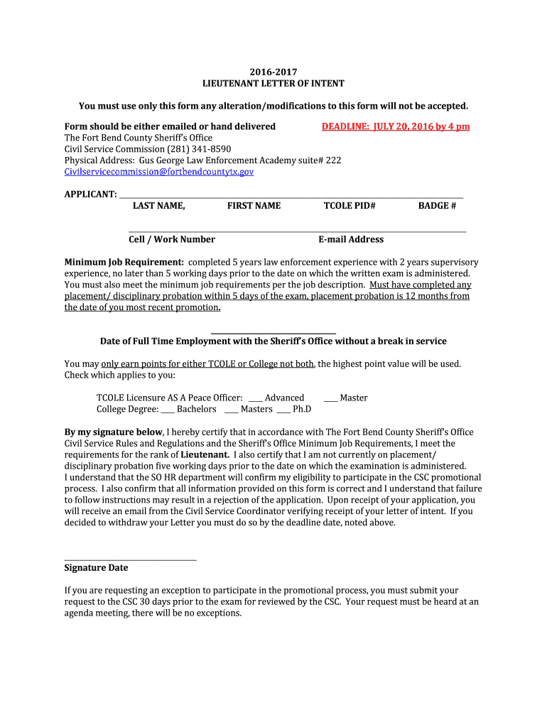 Fillable Online LIEUTENANT LETTER OF INTENT Fax Email Print - pdfFiller