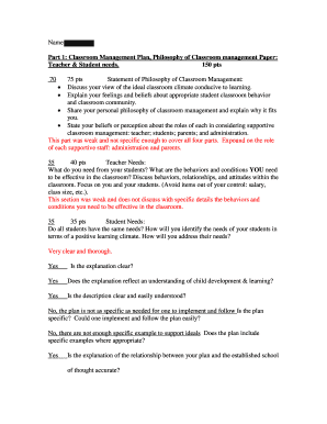 Fillable Online Part 1: Classroom Management Plan, Philosophy of ...