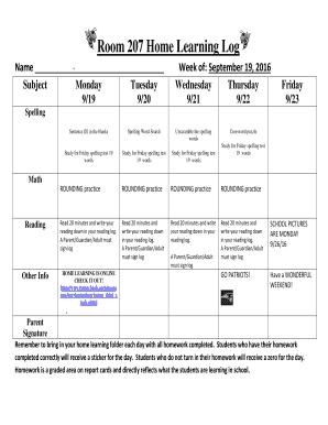 Fillable Online Room 207 Home Learning Log Fax Email Print - pdfFiller