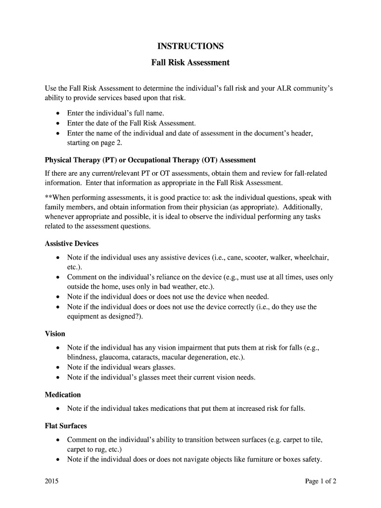 Fillable Online Use the Fall Risk Assessment to determine the ...
