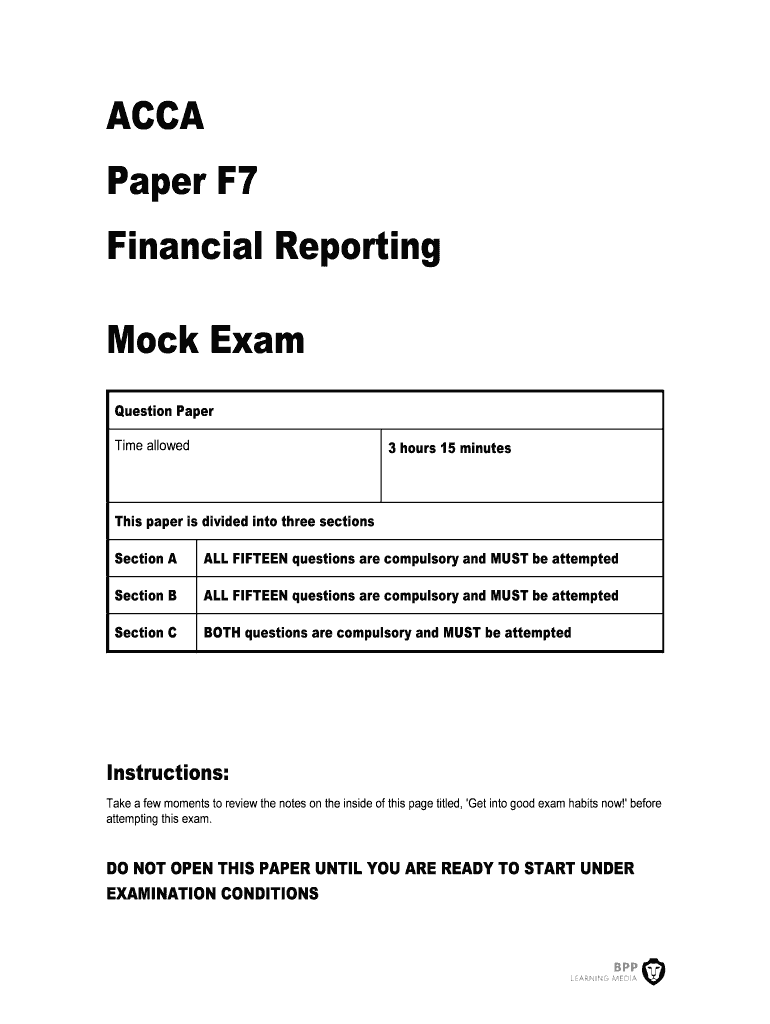 ACCA Paper F7 Financial Reporting Mock Exam - StudyOnline.ie - Fill and ...