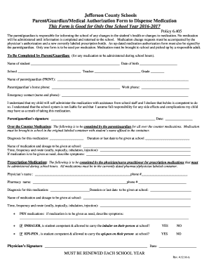 Fillable Online Parent/Guardian/Medical Authorization Form to Dispense ...