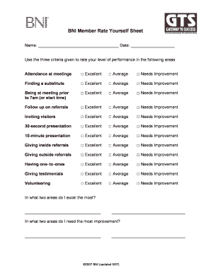 Fillable Online BNI Member Rate Yourself Sheet Fax Email Print - pdfFiller