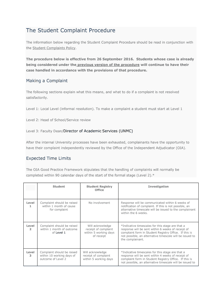 Fillable Online The Student Complaint Procedure Fax Email Print - pdfFiller