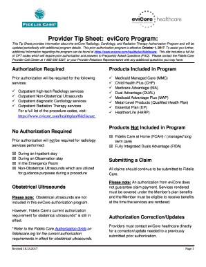 Fillable Online Provider Tip Sheet: eviCore Program: Fax Email Print ...
