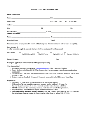 Fillable Online 2017-2018 PLUS Loan Confirmation Form Fax Email Print ...
