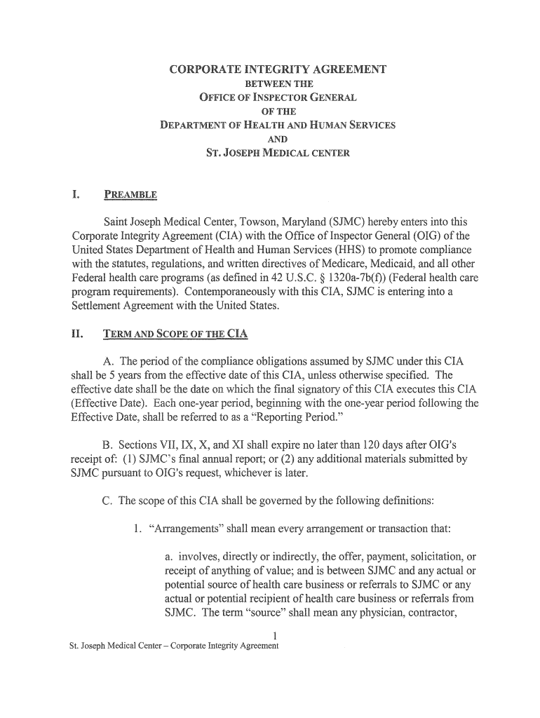 Fillable Online Saint Joseph Medical Center Corporate Integrity ...