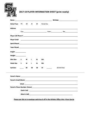Fillable Online 2017-18 PLAYER INFORMATION SHEET (print neatly) Fax ...