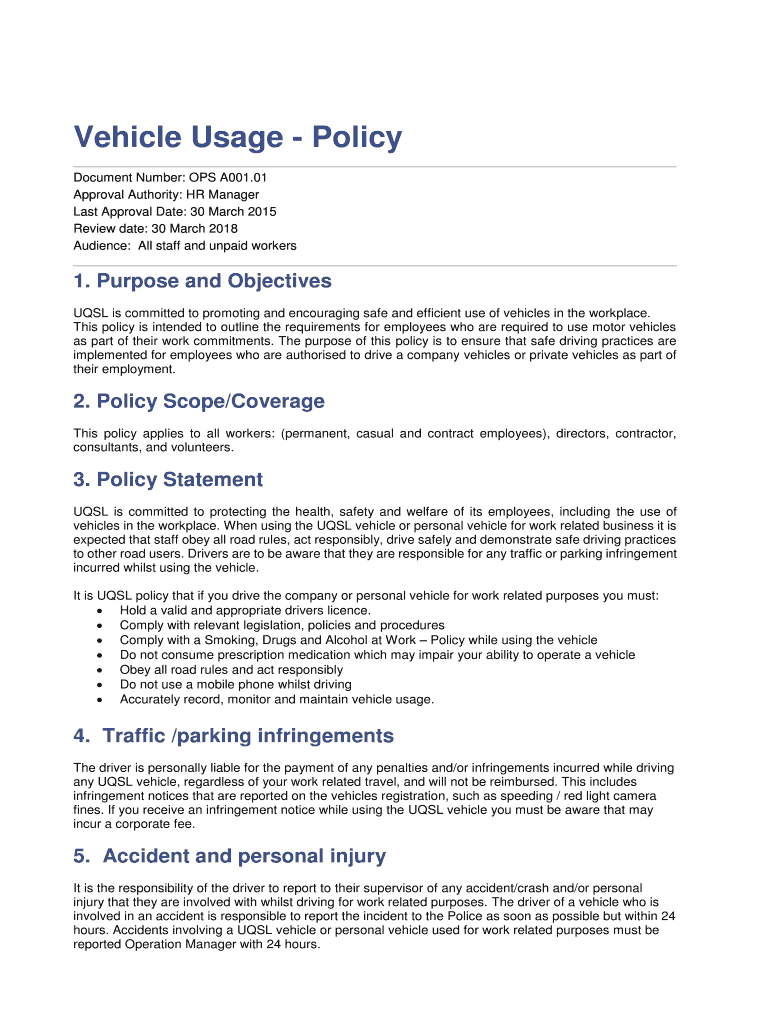 Fillable Online Vehicle Usage - Policy Fax Email Print - pdfFiller