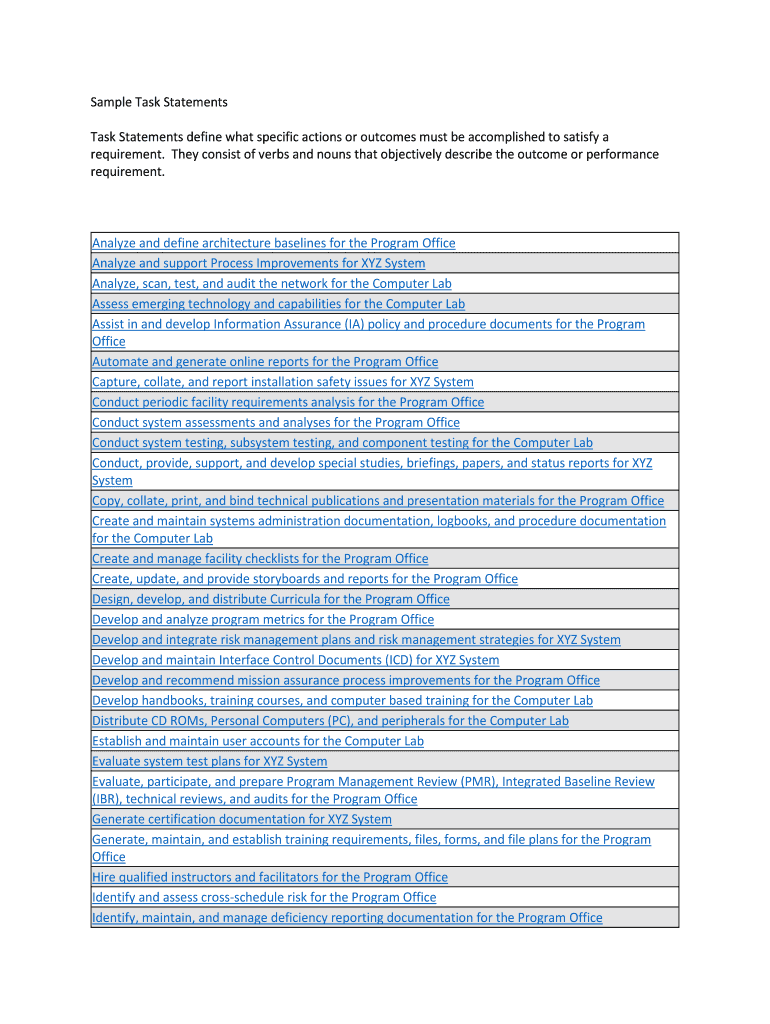 Fillable Online Sample Task Statements Task Statements define what ...