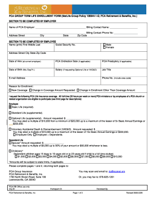 Fillable Online PCA GROUP TERM LIFE ENROLLMENT FORM (MetLife Group ...