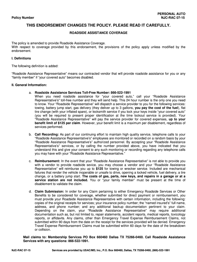 Fillable Online ROADSIDE ASSISTANCE COVERAGE Fax Email Print - pdfFiller