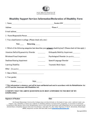 Fillable Online Disability Support Services Information/Declaration of ...