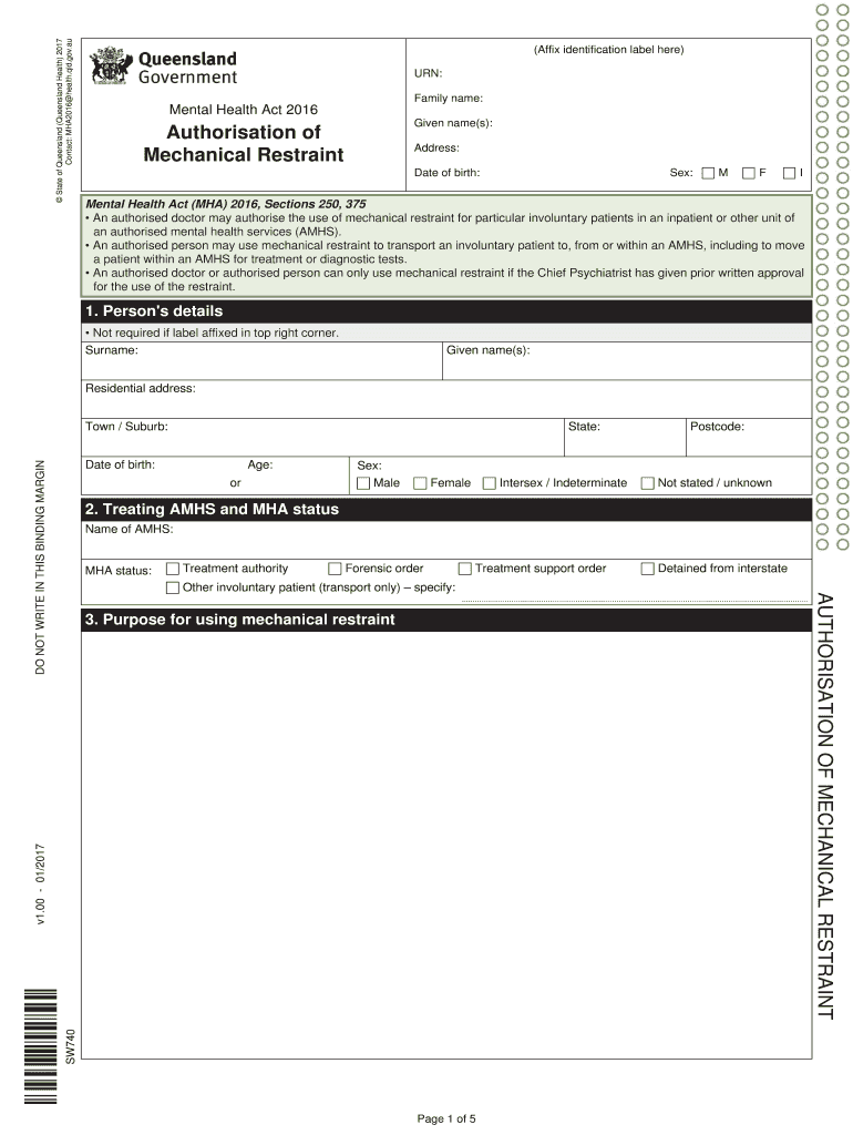 Fillable Online Authorisation of Mechanical Restraint. Mental Health ...