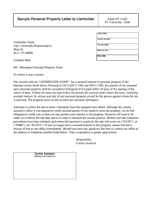 Fillable Online Sample Personal Property Letter to Lienholder Fax Email ...