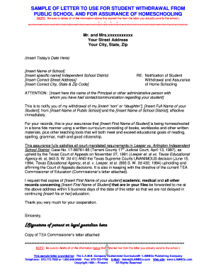 Fillable Online SAMPLE OF LETTER TO USE FOR STUDENT WITHDRAWAL FROM Fax ...