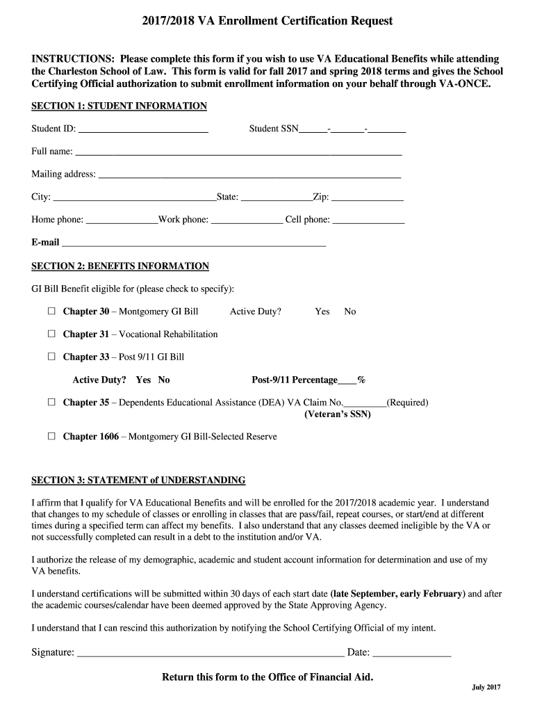 Fillable Online 2017/2018 VA Enrollment Certification Request Fax Email Print - pdfFiller