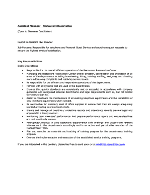 Fillable Online Assistant Manager - Restaurant Reservation Fax Email ...