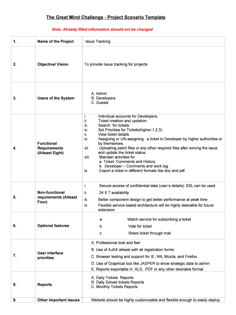 Fillable Online The Great Mind Challenge - Project Scenario Template ...