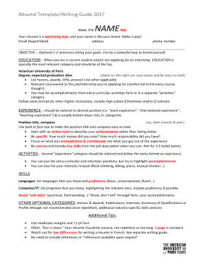 Fillable Online Rsum Template/Writing Guide 2017 Fax Email Print ...