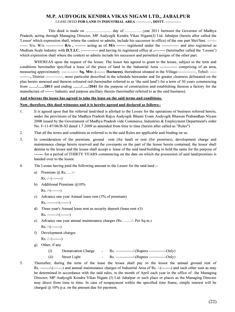 Fillable Online LEASE DEED FOR LAND IN INDUSTRIAL AREA ...