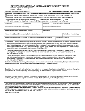 Fillable Online MOTOR VEHICLE LEMON LAW NOTICE AND NONCONFORMITY REPORT ...