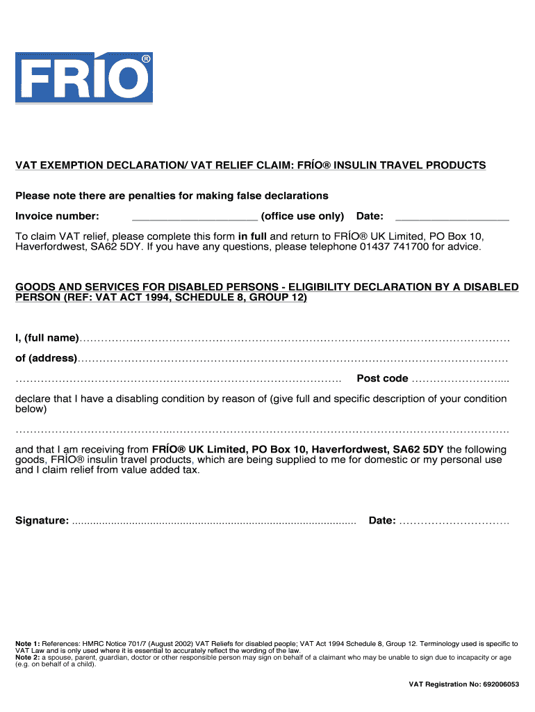 Fillable Online VAT EXEMPTION DECLARATION/ VAT RELIEF CLAIM: FRO ...