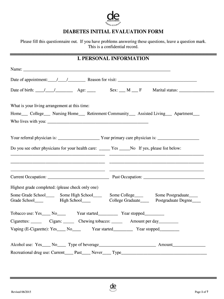 Fillable Online DIABETES INITIAL EVALUATION FORM Fax Email Print ...