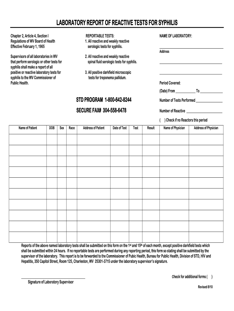 Fillable Online LABORATORY REPORT OF REACTIVE TESTS FOR SYPHILIS Fax ...