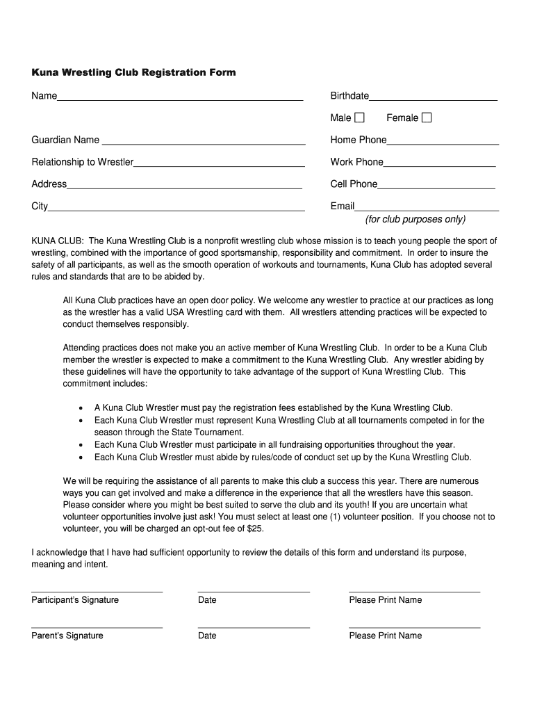 Fillable Online Kuna Wrestling Club Registration Form Fax Email Print ...