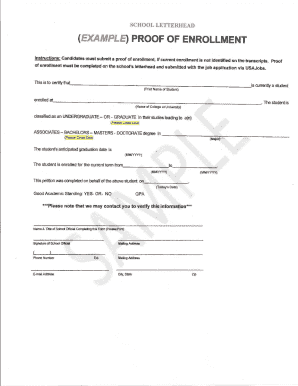 Fillable Online (Example) Proof of Enrollment Form for Applicants for ...