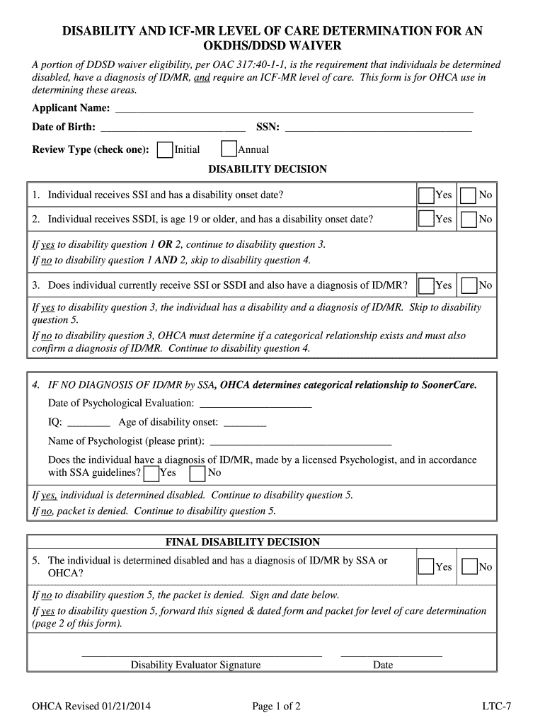 Fillable Online DISABILITY AND ICF-MR LEVEL OF CARE DETERMINATION FOR ...