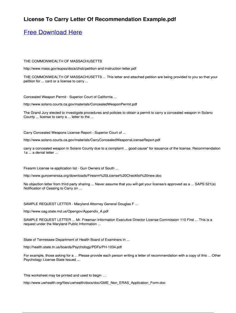 Fillable Online License To Carry Letter Of Recommendation Example Fax ...