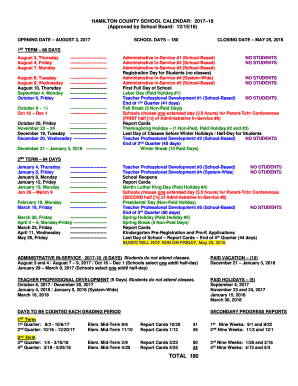 Fillable Online HAMILTON COUNTY SCHOOL CALENDAR: 201718 Fax Email Print ...